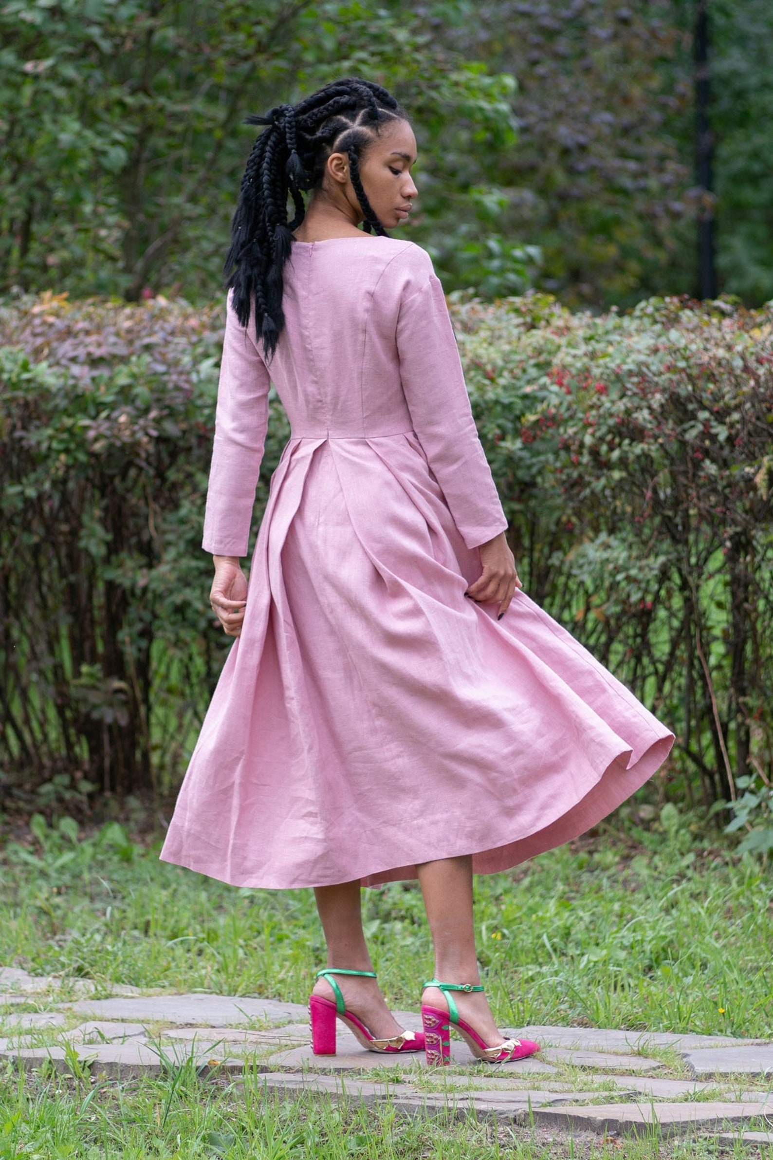 Pink midi linen dress Romantic wedding guest dresses with | Etsy