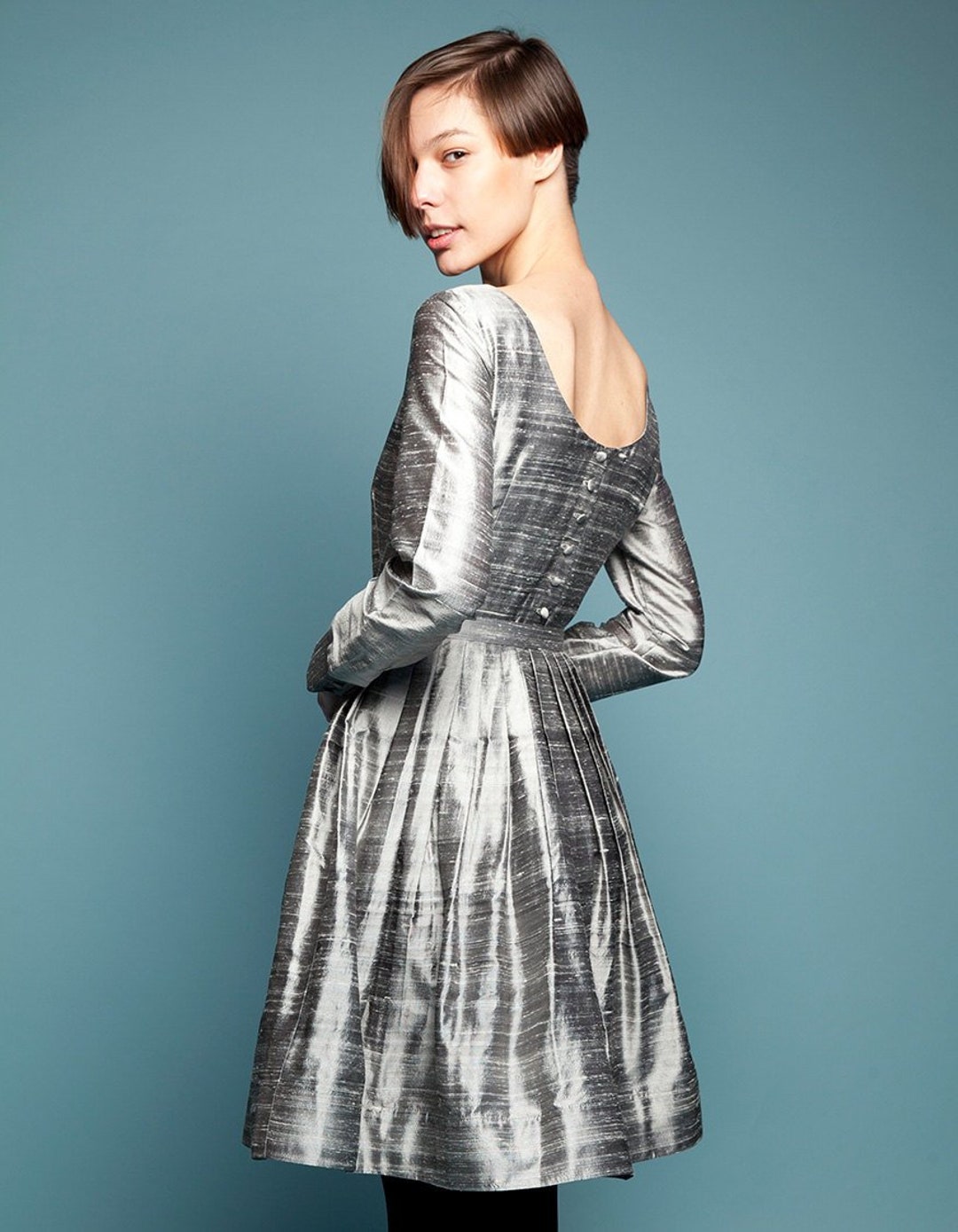 Silver Dress From Italian 100% Raw Pure Silk Metallic Grey Wedding ...