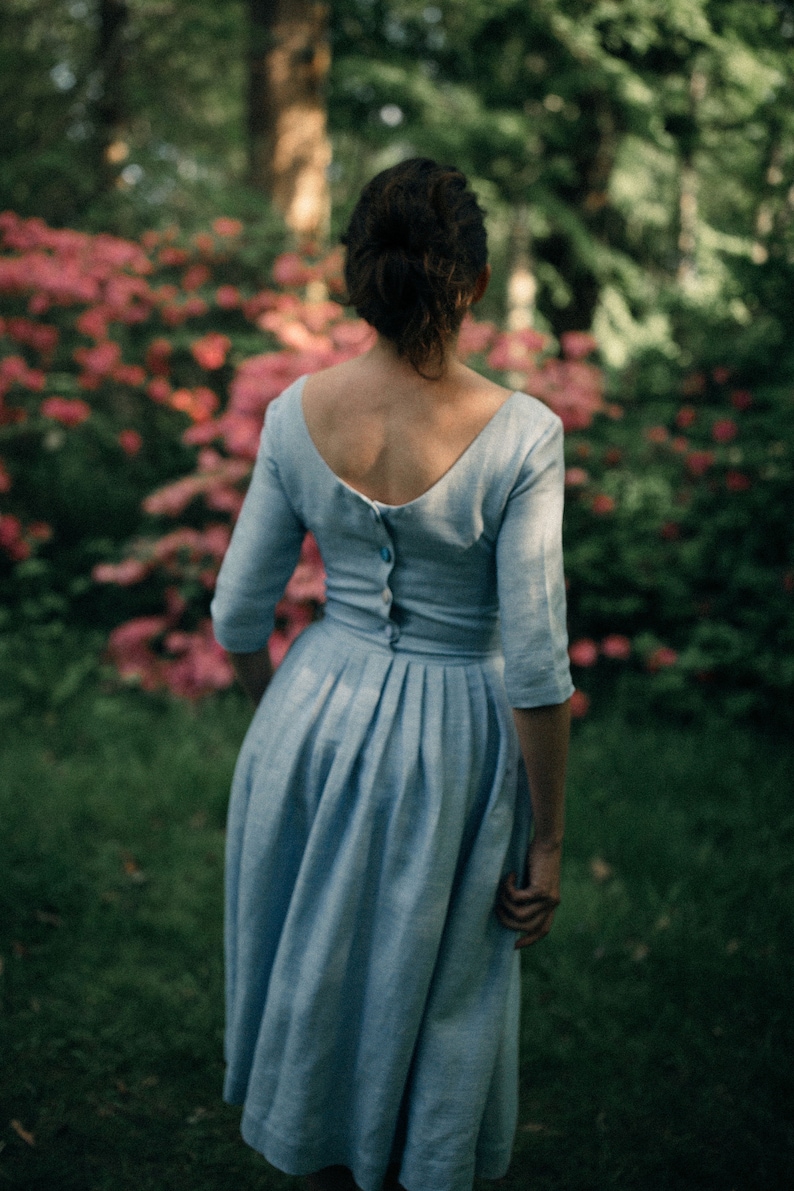 Retro Simple Linen Midi Wedding Dress 50s Formal Blue - Etsy