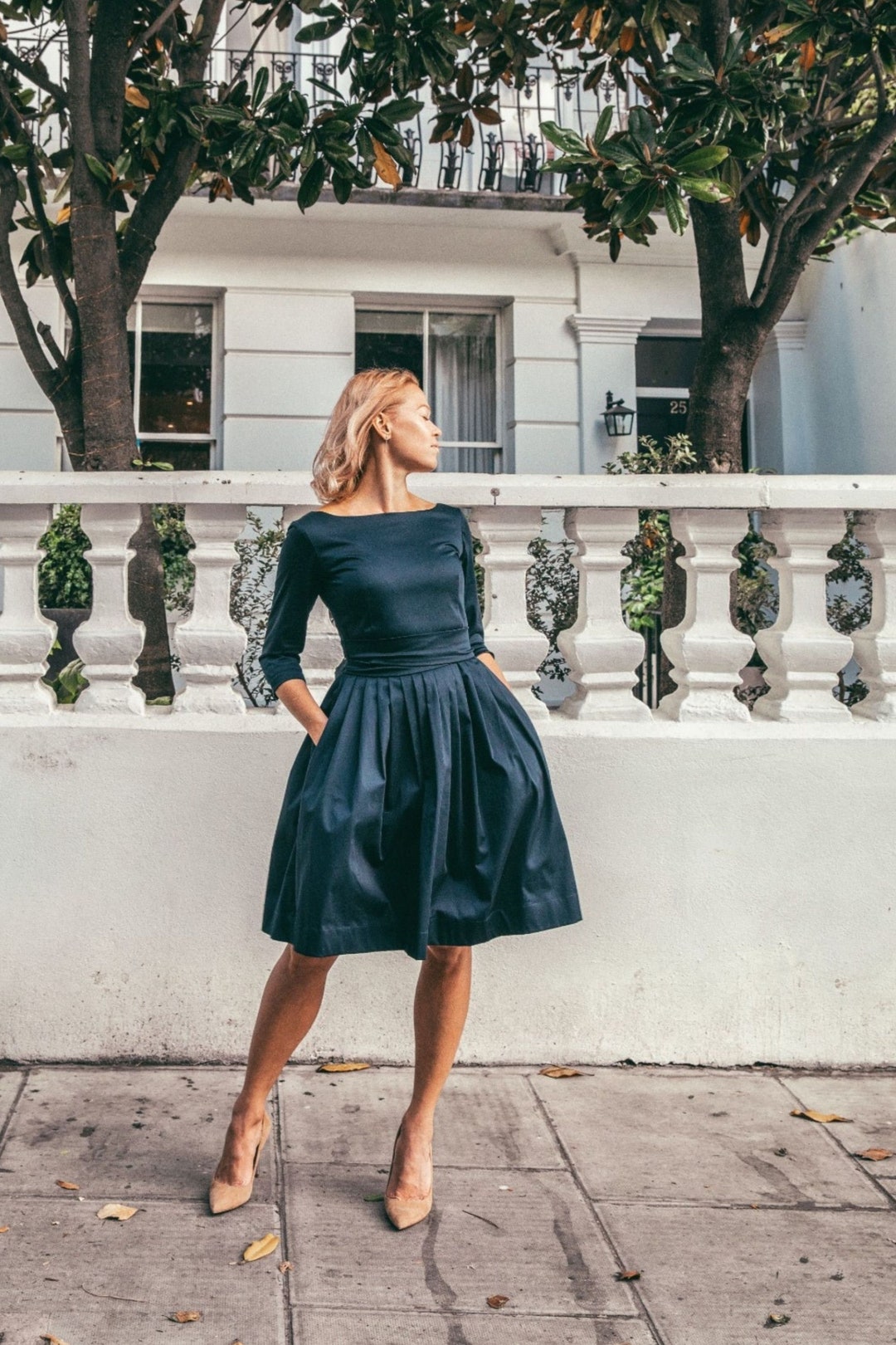 Navy Blue Cotton Midi Pleated Dress for Women Available in Different ...