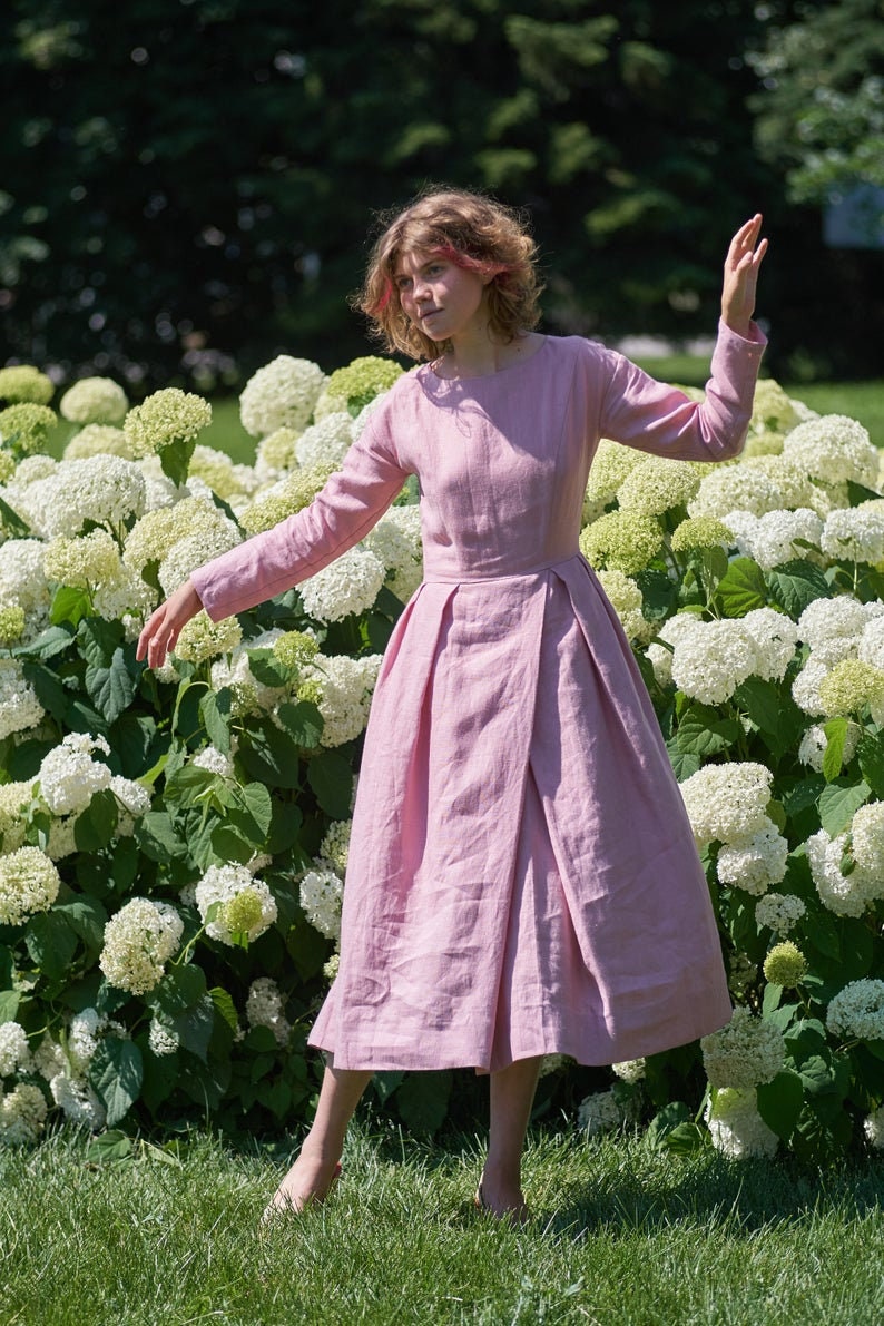 Pink Midi Linen Dress Romantic Wedding Guest Dresses With | Etsy
