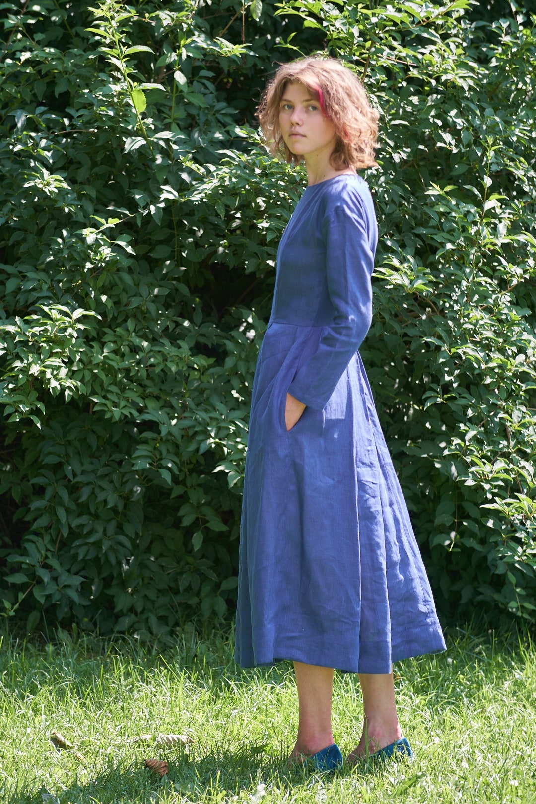 Linen Elegance: Modest Church Dress With Long Sleeves, Full Skirt, and ...