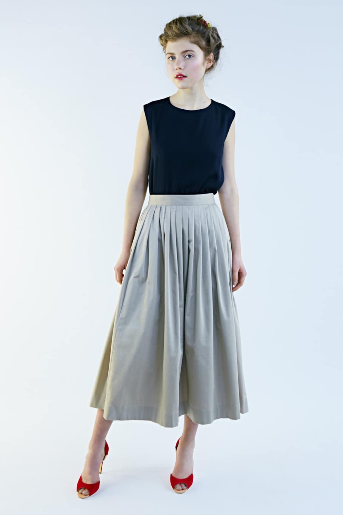 Beige Skirt, Midi Skirt, Full Skirt, Pleated Skirt, Pocket Skirt, Flare ...