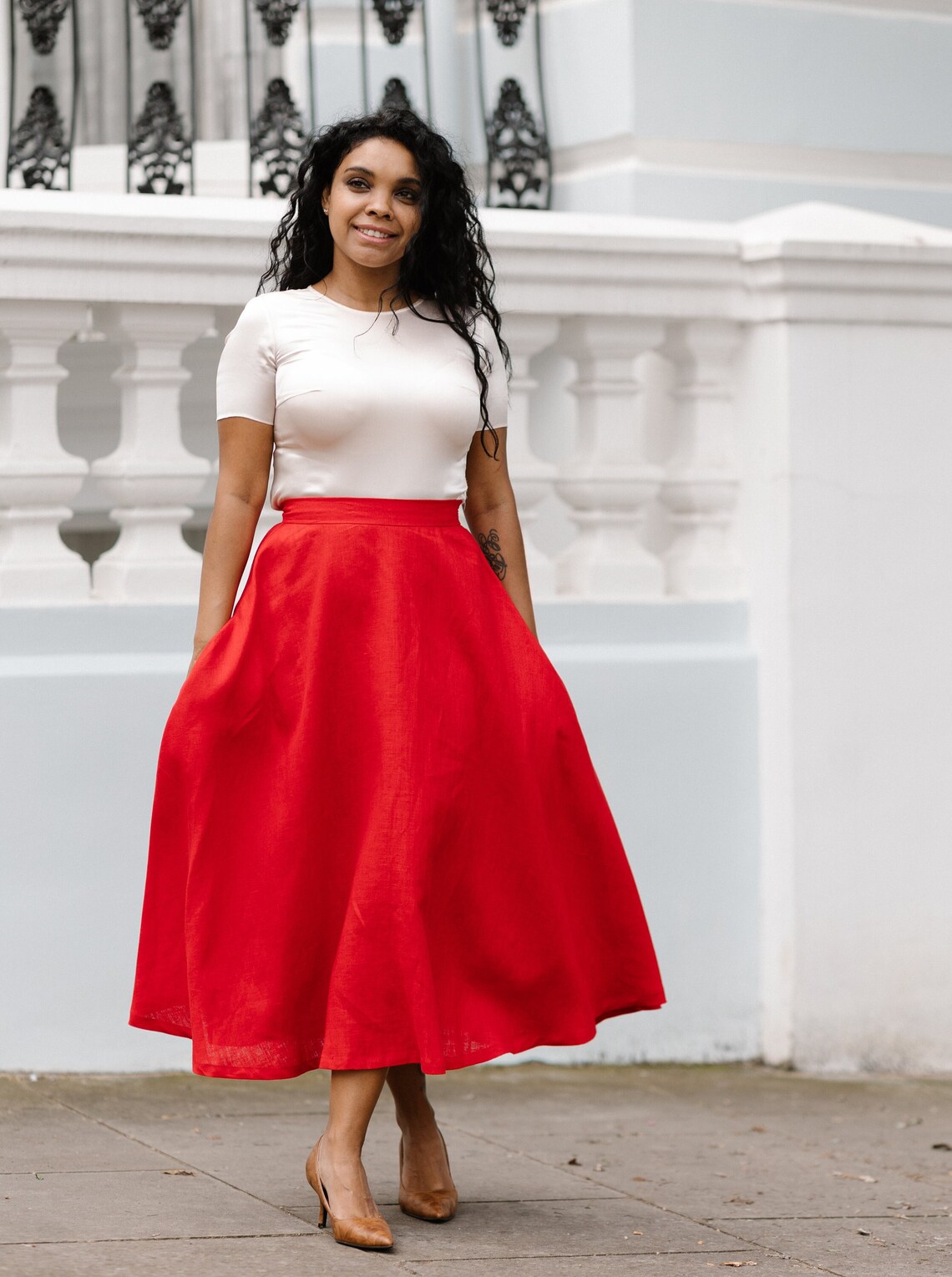 Bright Red Linen Midi Skirt Full Circle Long High Waist | Etsy