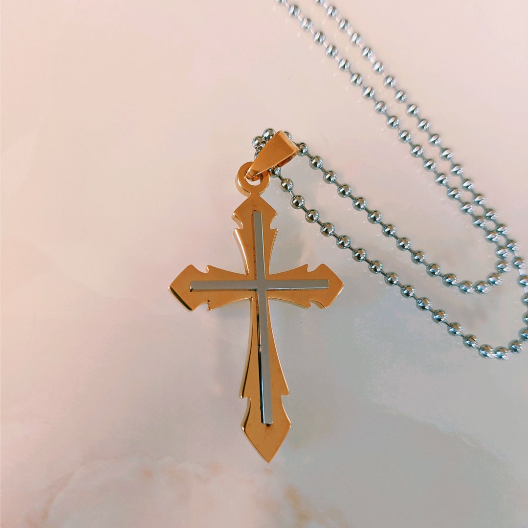 Small 316L Stainless Steel Cross Pendant With Ball Link Necklace Silver ...