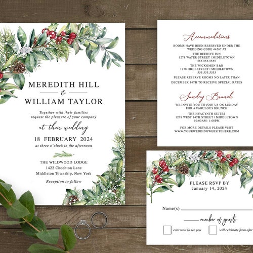 Winter Wedding Invitation Set Editable Templates Christmas - Etsy