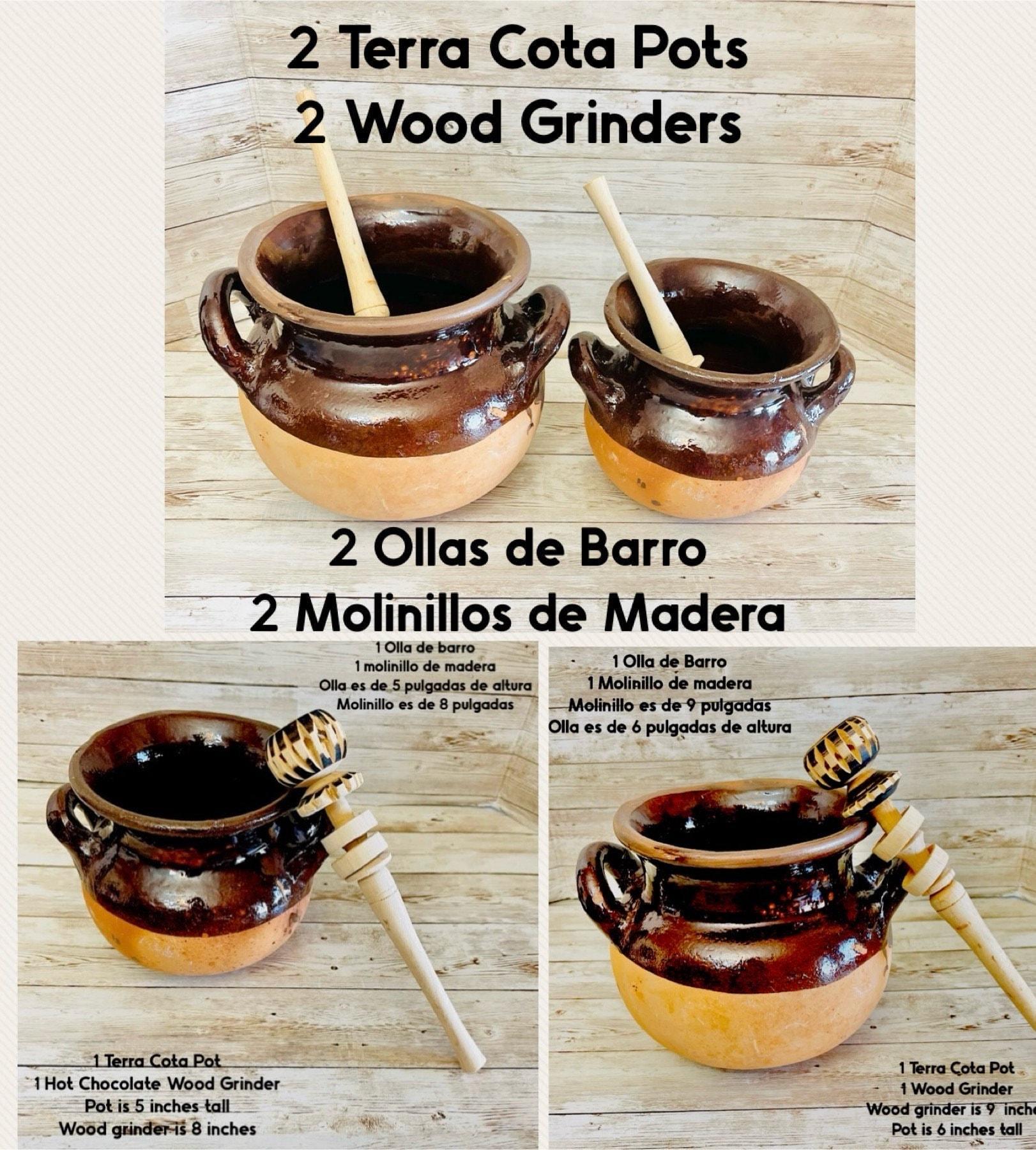 2x Ollas De Barro Vidriado Chocolatera Con 2 Molinillos De Madera 2x ...
