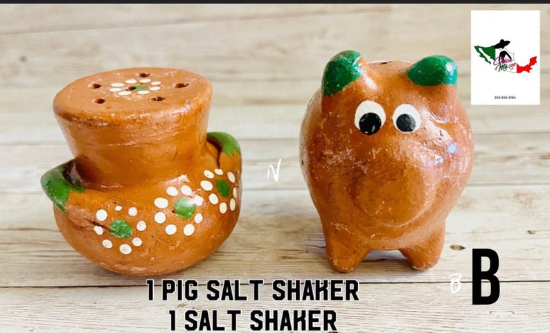 Terra Cotta Mexican Pottery Salsa Pig Bowl With Spoon and Salt Shaker ...