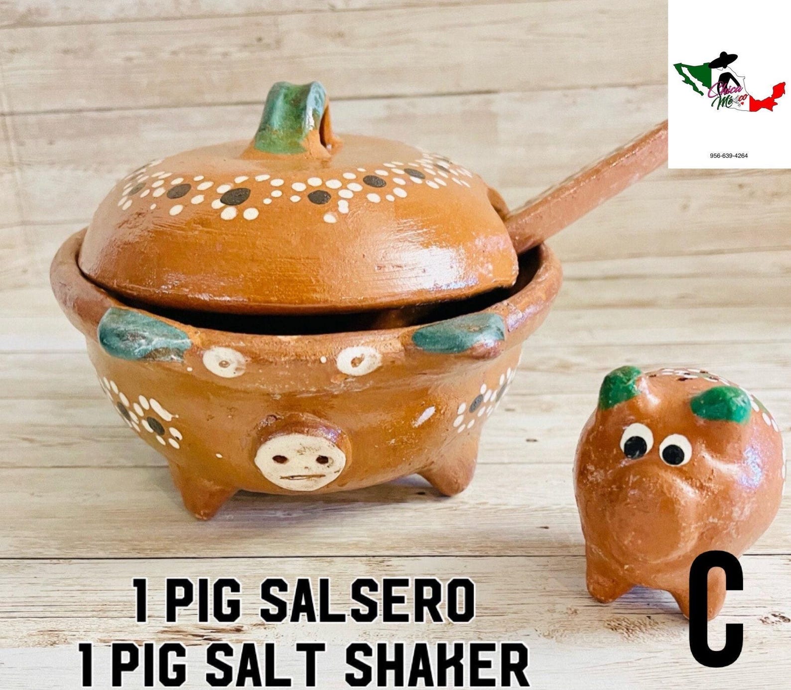 Terra Cotta Mexican Pottery Salsa Pig Bowl With Spoon and Salt Shaker ...