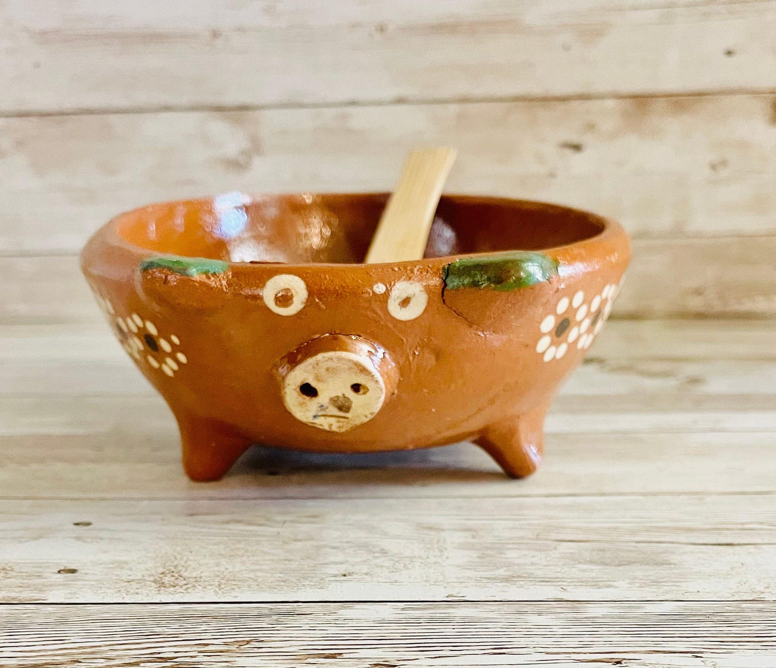 Terra Cotta Mexican Pottery Salsa Pig Bowl With Spoon and Salt Shaker ...