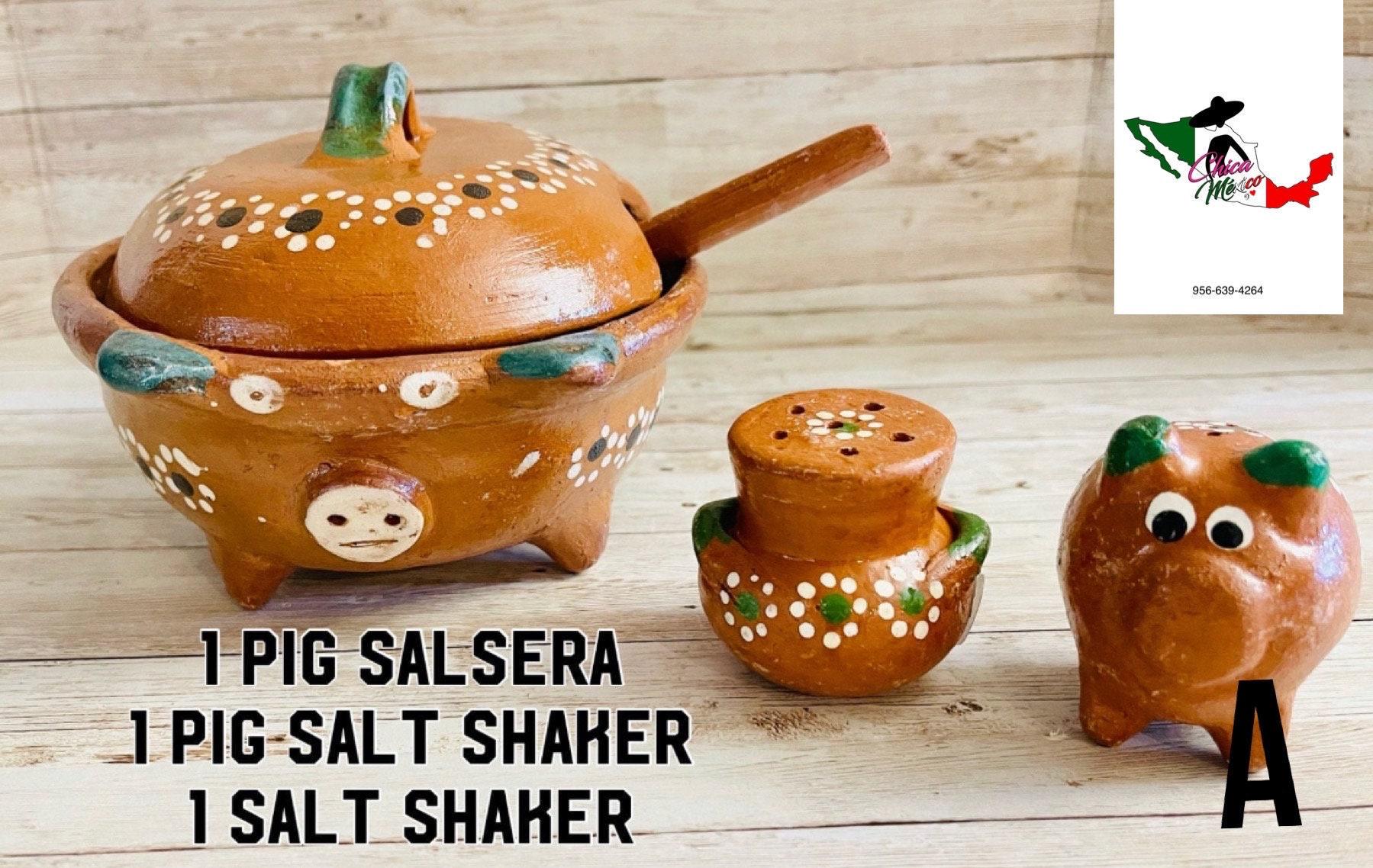 Terra Cotta Mexican Pottery Salsa Pig Bowl With Spoon and Salt Shaker ...