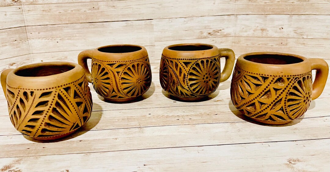 4X Mexican Artesanal Brown Clay Mexican Mugs Cups 4 Tazas Mexicanas ...
