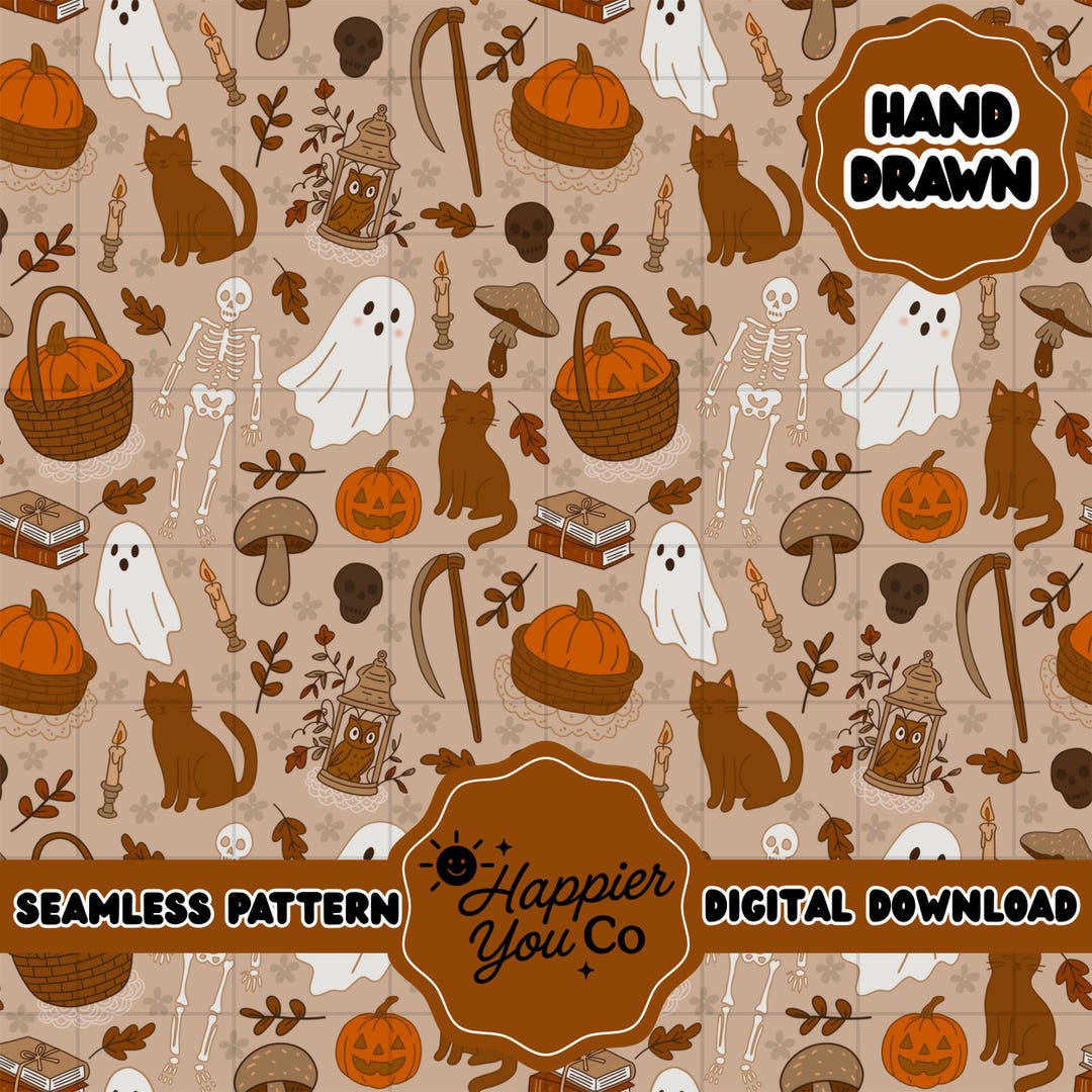 Cottagecore Halloween Pattern, Spooky Ghosts, Pumpkins (PNG Digital ...