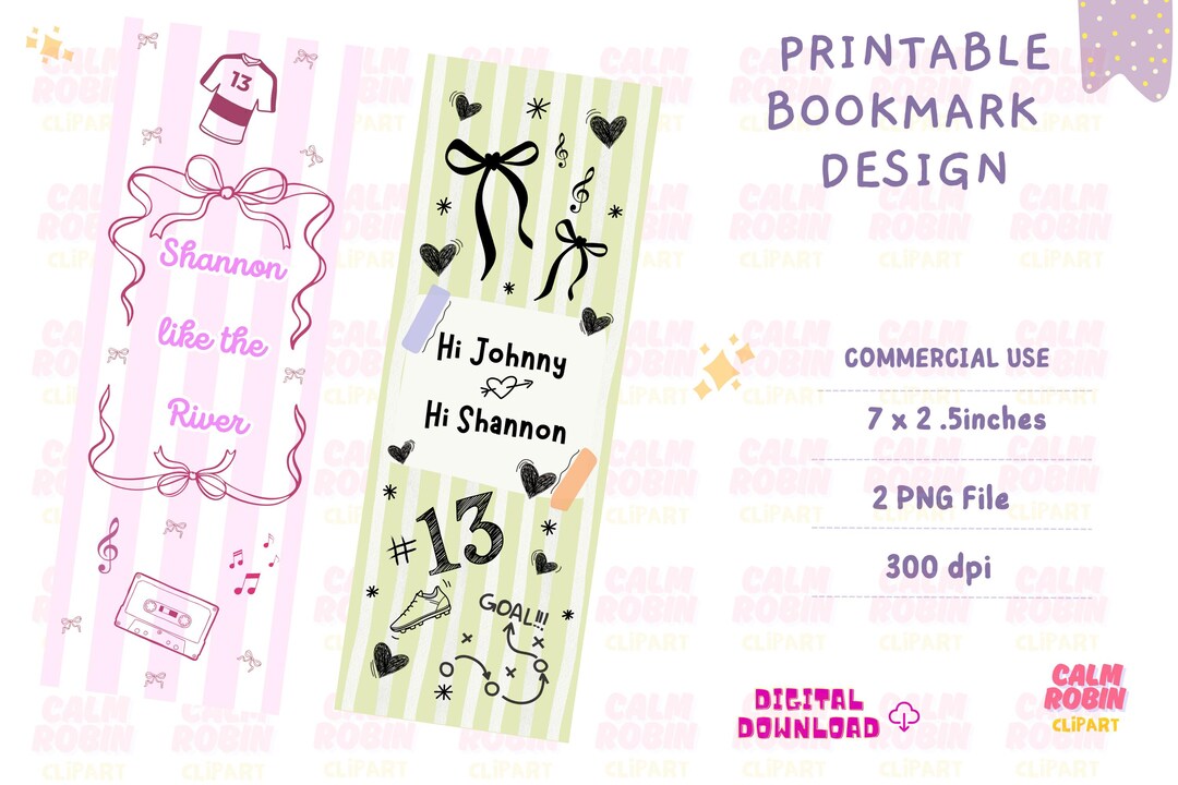 Shannon & Johnny PNG Bookmark Set Printable Romance Sticker Art| | 7x2 ...