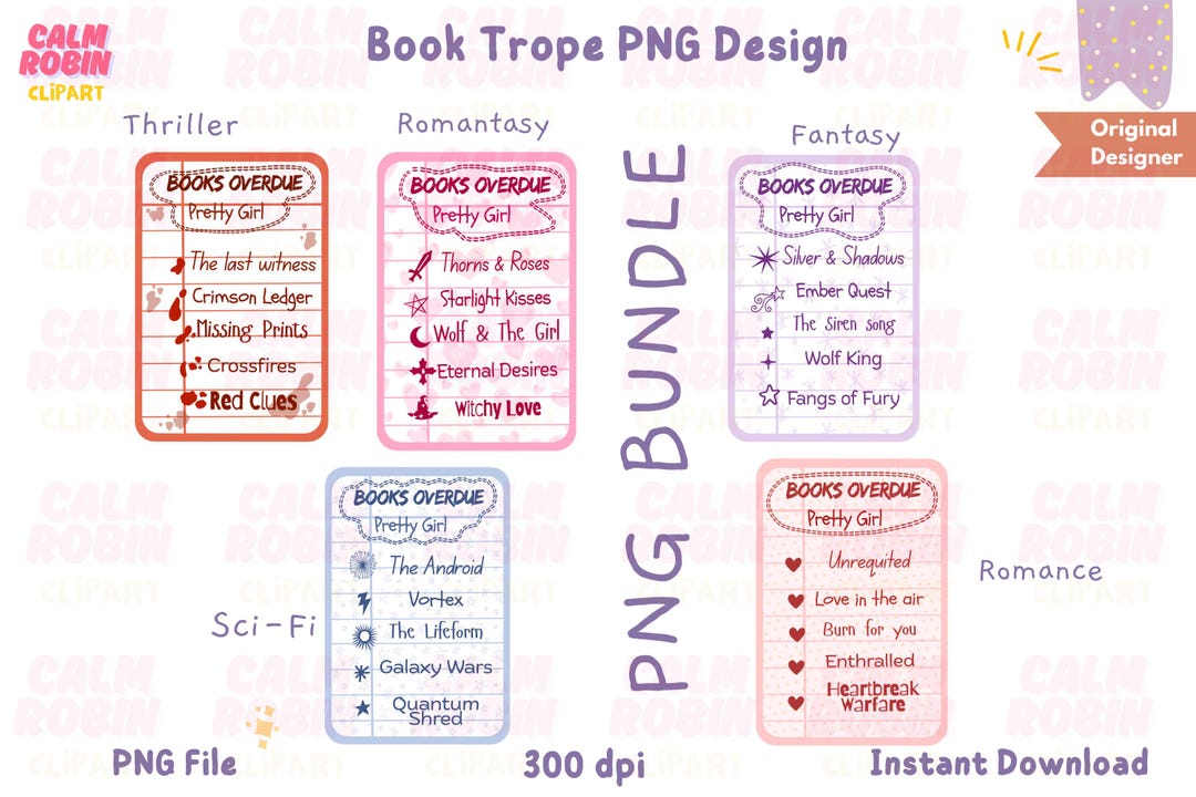Library Card PNG Bundle: Book Genres Trope Digital Sticker Clipart ...