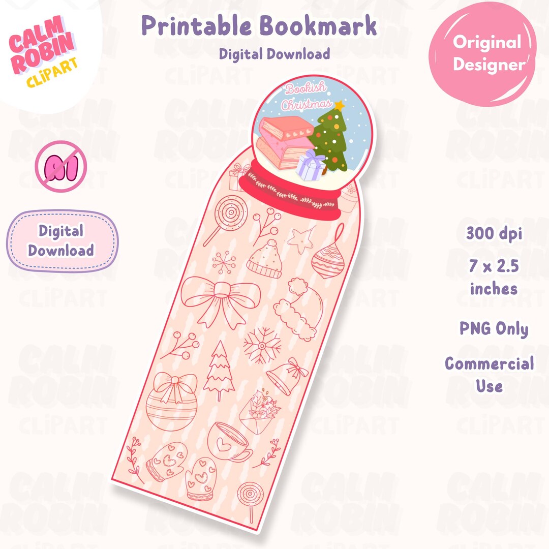 Bookish Christmas Printable Bookmark, Snow Globe Holiday Bookmark PNG ...