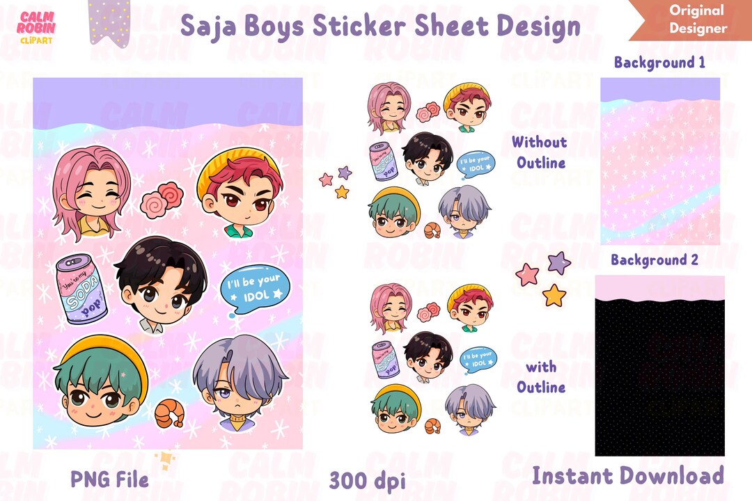 Kpop Chibi Sticker Sheet: Saja Boys, Kawaii Merch (PNG Digital Download ...