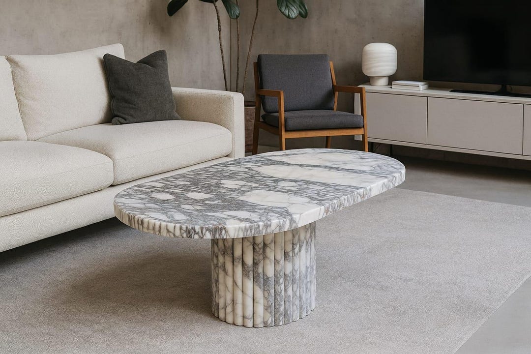 Handmade Oval Calacatta Viola Marble Coffee Table: Fluted Base | - Etsy
