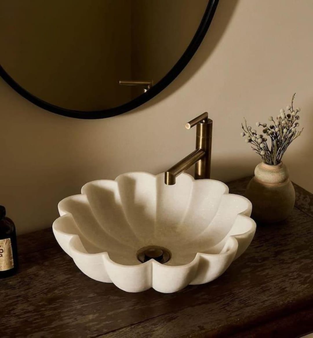 Marble Flower Sink Basin, Modern Vanity, Quartz Countertop & Brass ...