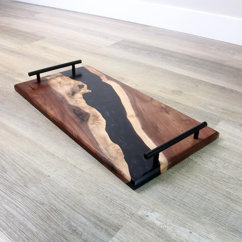 Black Epoxy and Wood Serving Tray – Handmade Resin River Tray With ...