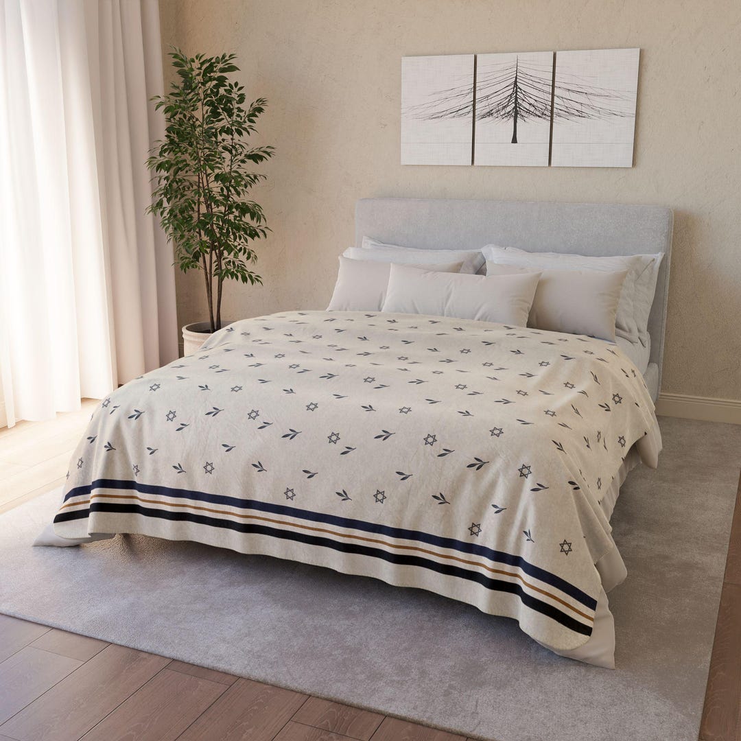 Jewish Blanket With Tallit Inspired Stripes | Cozy Sherpa Throw With ...