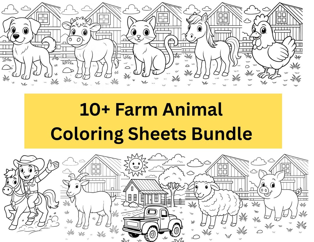 Farm Animal Coloring Page Bundle, Digital Coloring Book, Kids Activity ...