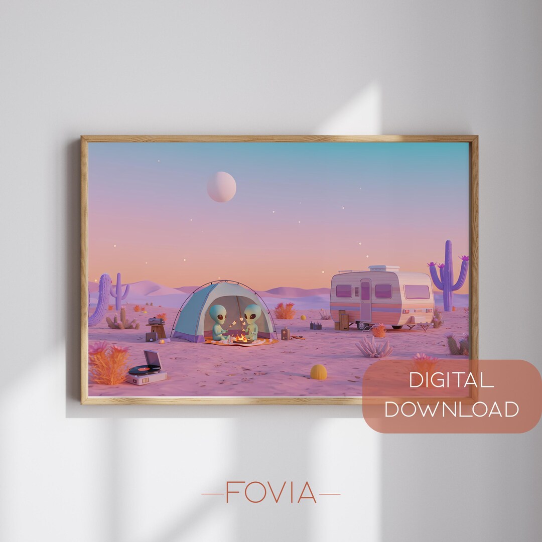 Cute Alien Desert Camping Poster – Pastel Sci-fi Wall Art, Whimsical ...