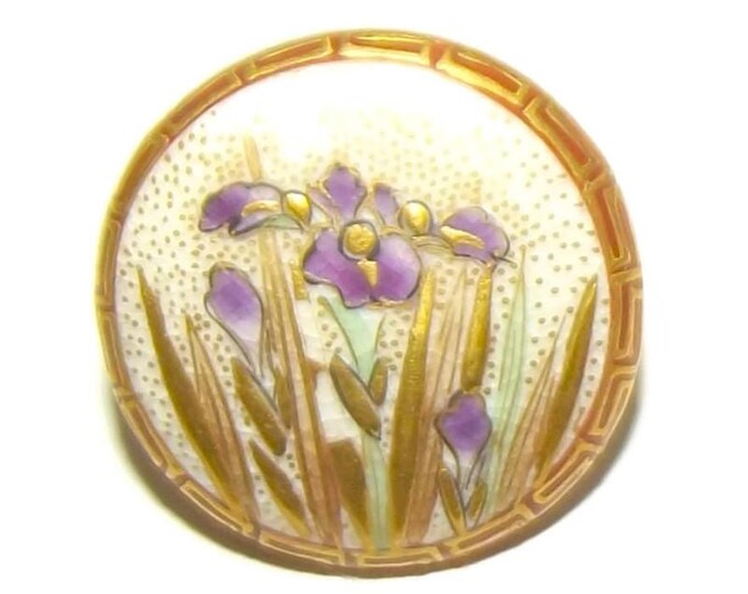 Antique Satsuma Button Gold Encrusted With Purple Iris Flowers & Back ...