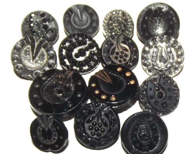 Antique Buttons ~ 14 Victorian Black Glass Buttons All With Horseshoes ...
