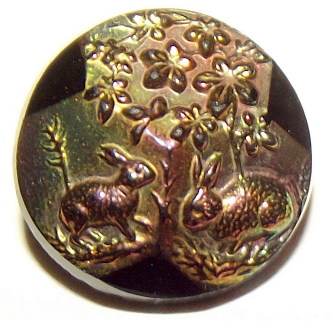Antique Button ~ Victorian Black Glass Button Rabbits in the Garden ...