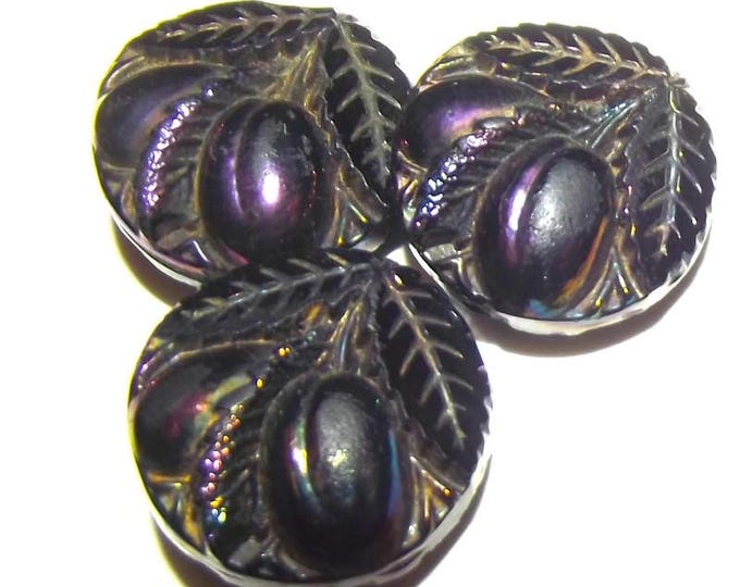 Antique Buttons ~ Trio of Black Glass Buttons Colorful Iridescent Plum ...