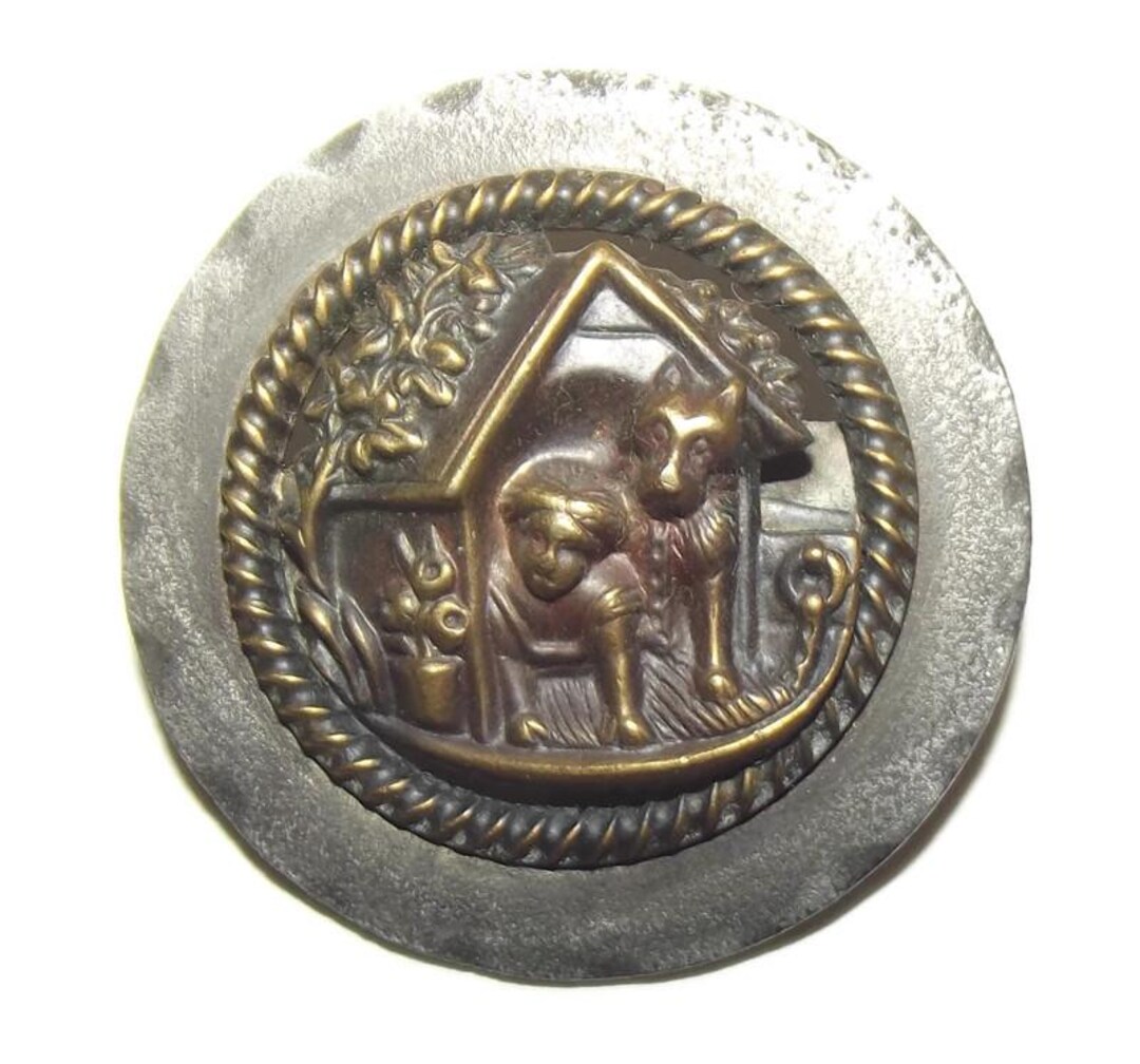 Antique Button Large Metal Picture Button Buster Brown and His Dog Tige ...