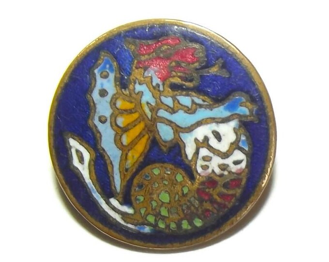 Antique Button ~ Small Enamel Metal Button W/colorful Dragon Creature ...