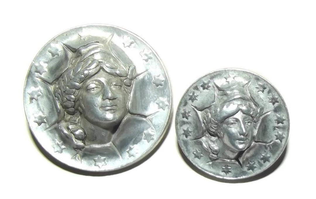 Antique Buttons 2 Lady Liberty Busting Through a Dime Button Liberty ...