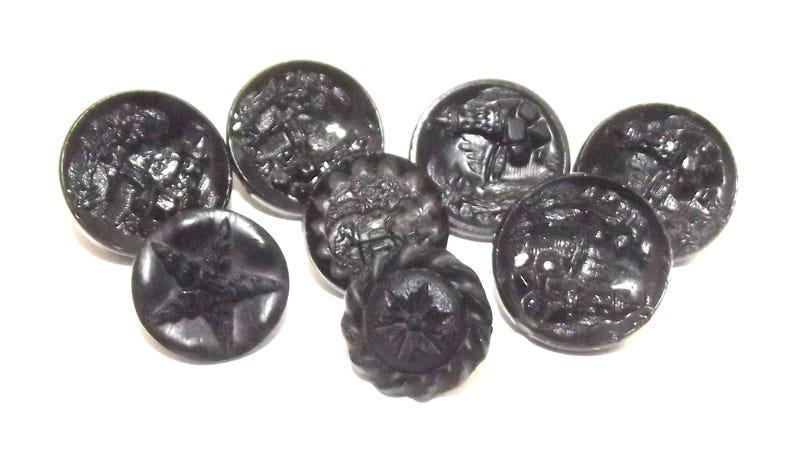 Antique Buttons ~ 8 Black Glass Buttons Deknatel Pat. Dec 23 1880 Back ...