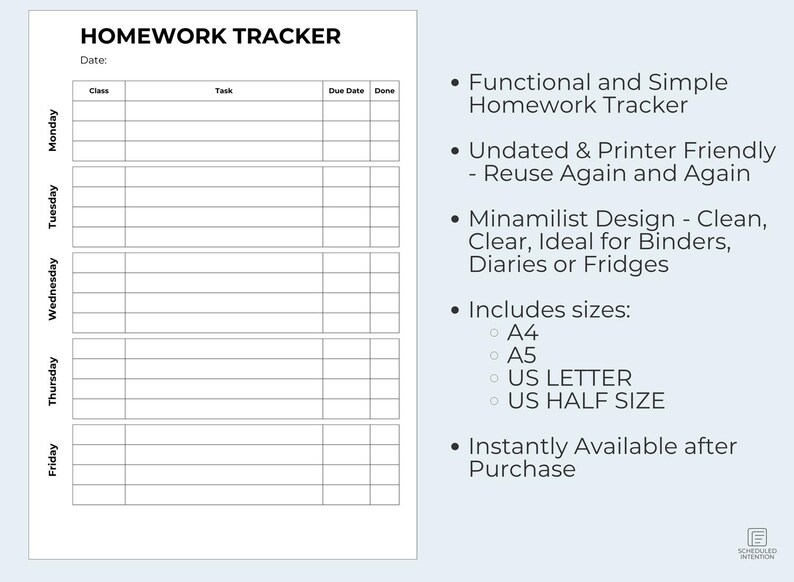 Homework Planner Printable | A4, A5, US Letter & Half PDF| Student ...