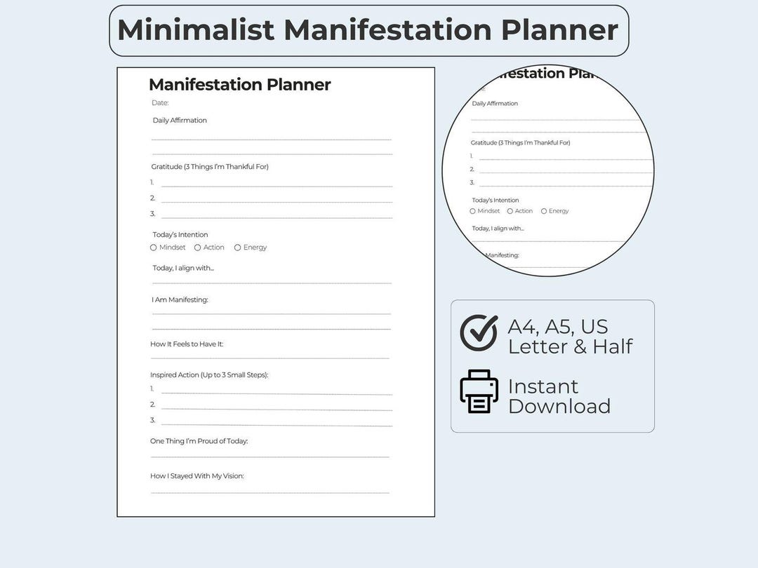 Manifestation Planner Printable | A4, A5, US Letter & Half PDF |realise ...