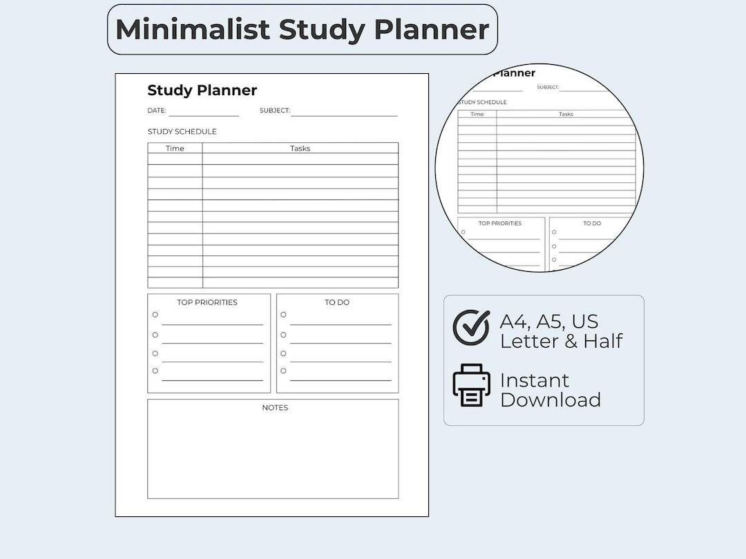 Minimalist Study Planner | A4, A5, US Letter Sizes (PDF Pattern) - Etsy