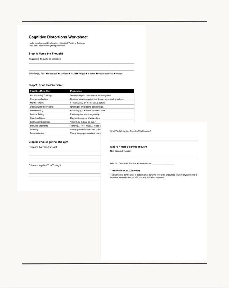 Cognitive Distortions Worksheet | CBT Therapy Printable | Mental Health ...