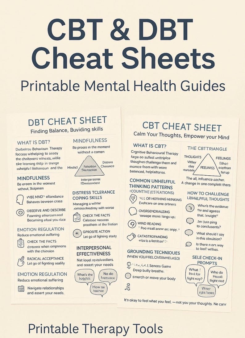CBT and DBT Cheat Sheets Printable Bundle | Therapy Tools & Coping Skills Worksheets PDF for ...