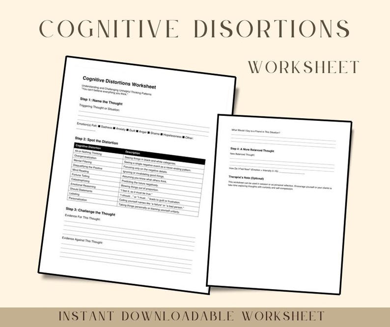 Cognitive Distortions Worksheet | CBT Therapy Printable | Mental Health ...