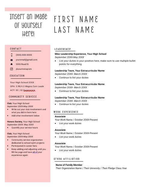 Sorority Resume Template - Pink Themed With Personal Photo Spot - Etsy