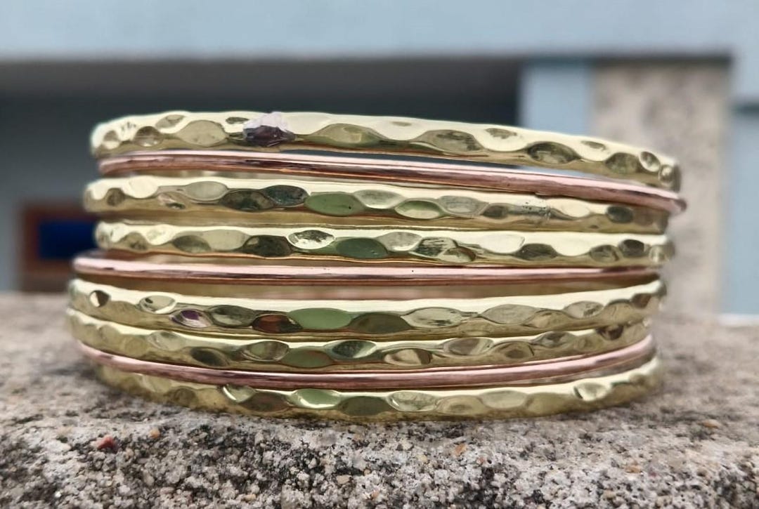 Hammered Brass & Copper Bangle Set - Rustic Stacking Bracelets - Etsy