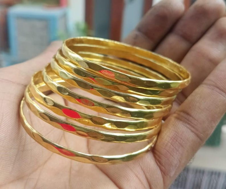 18K Gold Filled Bangles | Hammered Texture, Stackable Set of 7 Gift for ...
