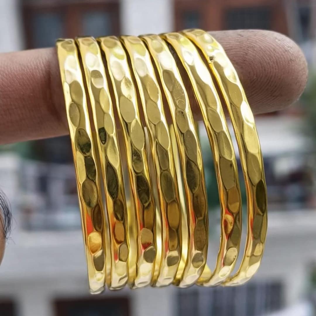 18K Gold Filled Bangles | Hammered Texture, Stackable Set of 7 Gift for ...