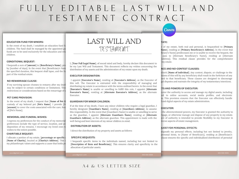 Editable Last Will and Testament Template | Canva Document (instant ...