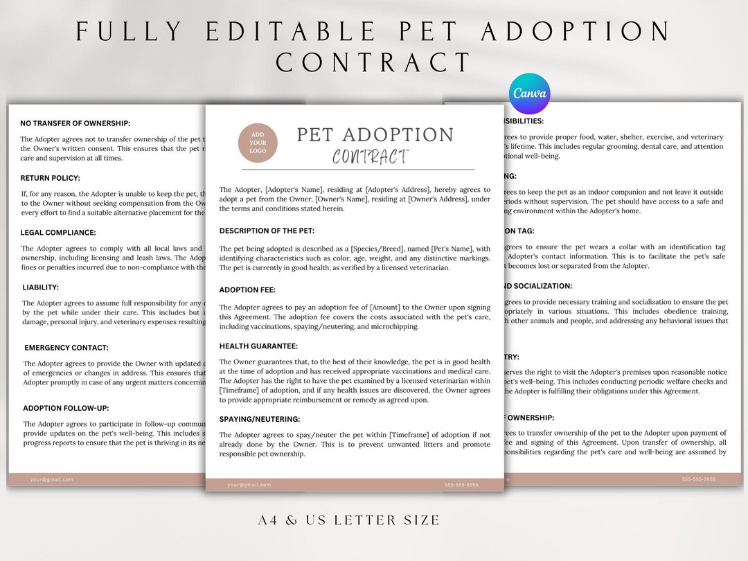 Editable Pet Adoption Contract Template, Puppy & Cat Adoption Agreement, Animal Rescue Forms ...