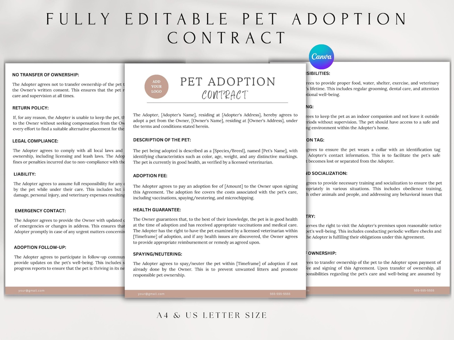 Editable Pet Adoption Contract Template, Animal Rescue Forms (canva ...