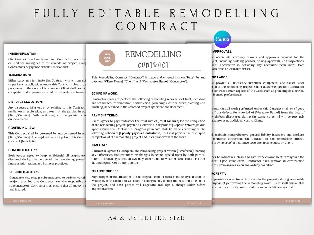 Editable Remodeling Contract Template | Home Renovation Agreement ...
