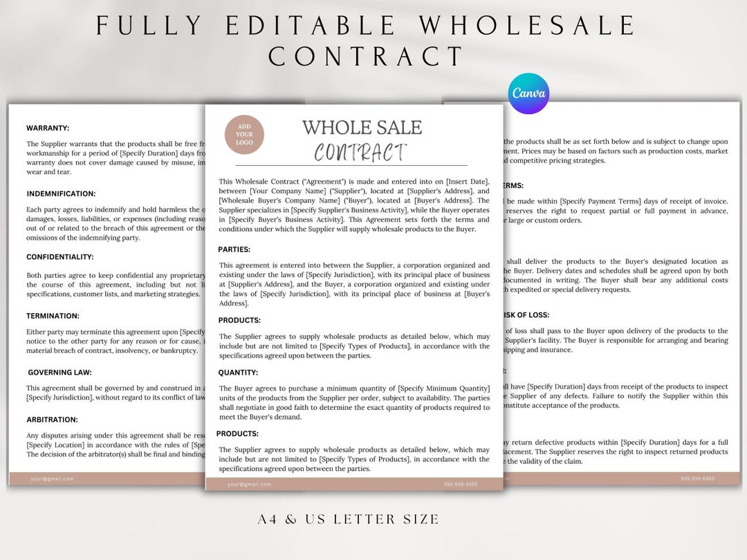 Editable Wholesale Agreement Template | Canva Contract (PDF) - Etsy